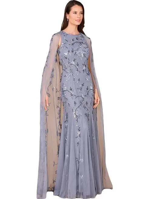 LARA NEW YORK Beaded Mermaid Gown With Cape - Dustyperiwinkle