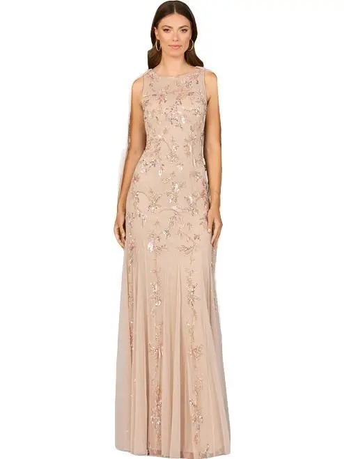 LARA NEW YORK Beaded Mermaid Gown With Cape - Nude