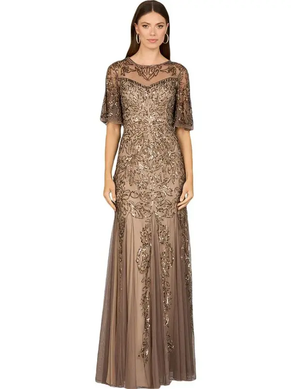 LARA NEW YORK Short Sleeve Beaded Sheath Gown - Bronze