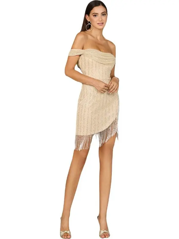 LARA NEW YORK Off Shoulder Fringe Wrap Mini Dress - Nude/silver