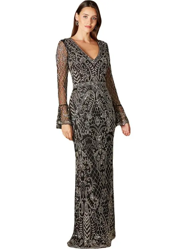 LARA NEW YORK Long Bell Sleeve V-neck Beaded Gown - Blacksilver