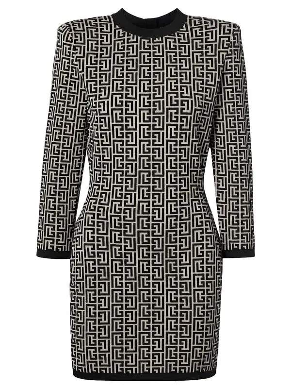 Balmain Monogram Jacquard Wool-blend Mini Dress - Beige