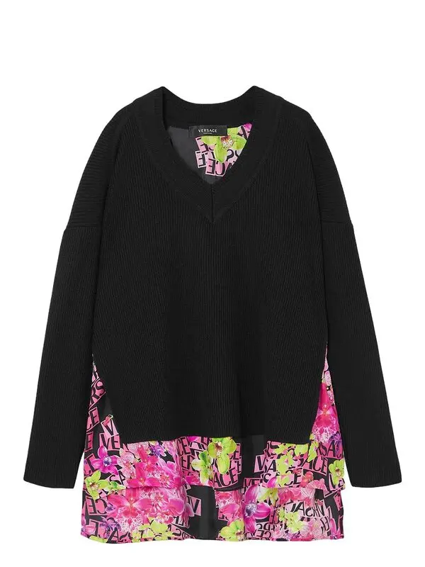 Versace Ribbed Wool Sweater With Printed Silk Trim - Black