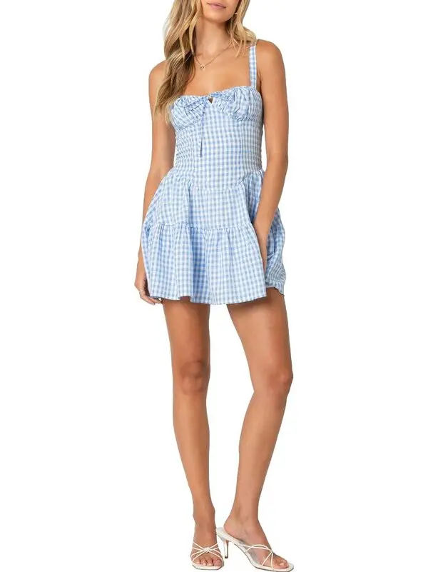 EDIKTED Basil Cotton Gingham Mini Dress - Blue-and-white