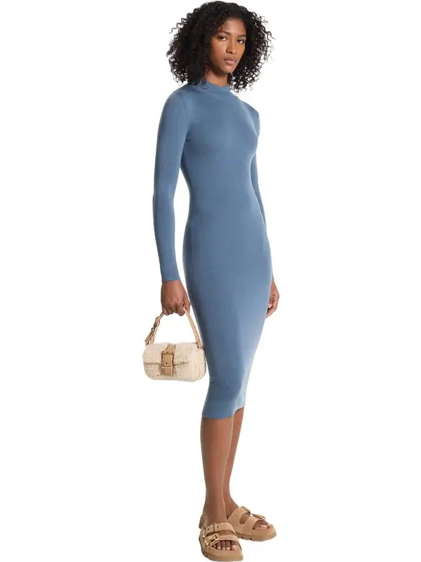 Michael Kors Stretch Wool Blend Mock Neck Dress - Blue