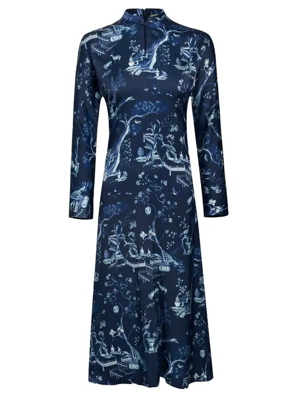 Shanghai Tang Long-sleeve Silk Midi Dress - Blue