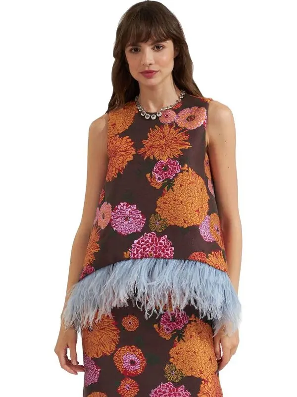 La DoubleJ La Scala Feather-trimmed Top - Jacquard Gyn Chocolate