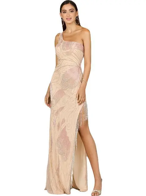 LARA NEW YORK One-shoulder Beaded Gown With Slit - Nude/multi