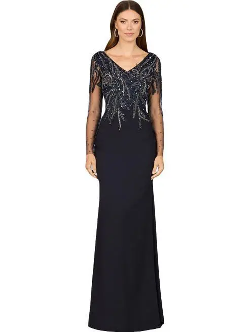 LARA NEW YORK Embellished Long Sleeve Gown - Navy