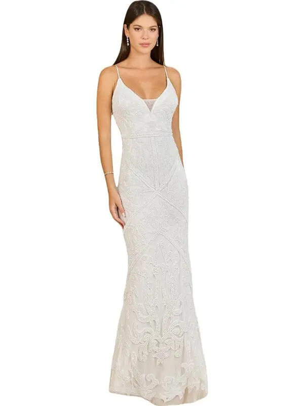 LARA NEW YORK Beaded Spaghetti Strap Gown - Ivory