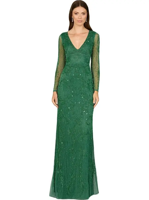 LARA NEW YORK Beaded Long Sleeve Gown - Forestgreen