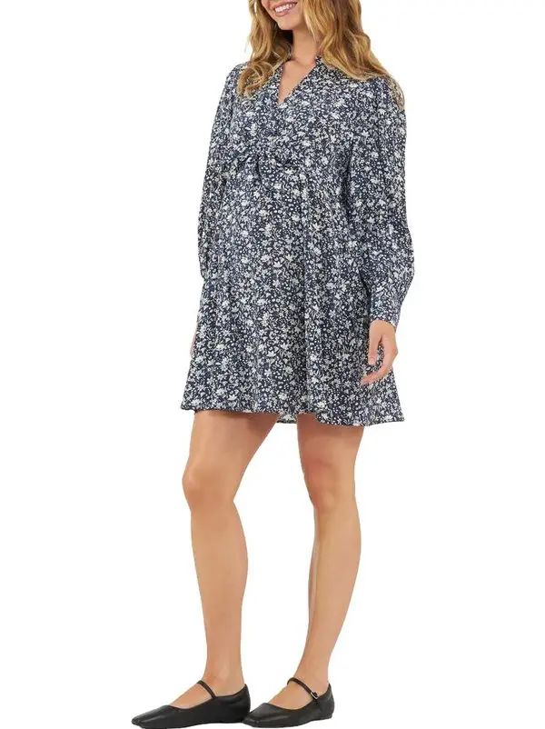 RIPE MATERNITY Thea Long Sleeve Maternity/nursing Dress - Navy/white