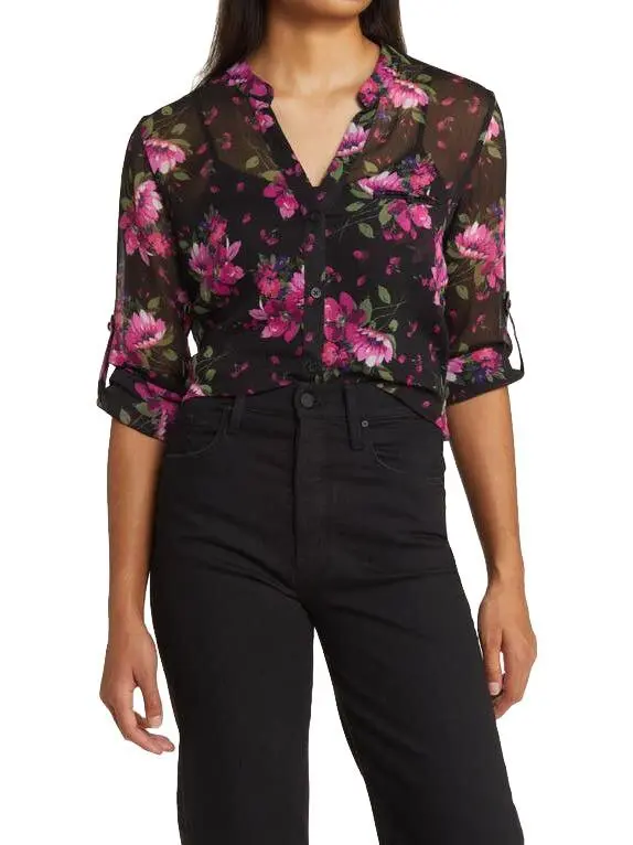 Kut From The Kloth Jasmine Chiffon Button-up Shirt - Chelles Bouquet Black Purple