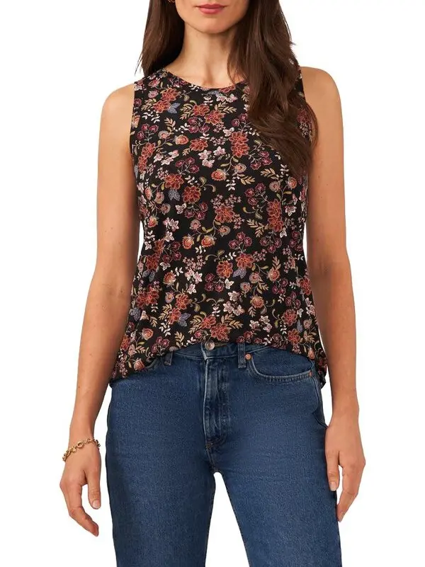 Vince Camuto Floral Print Keyhole Tank - Rich Black