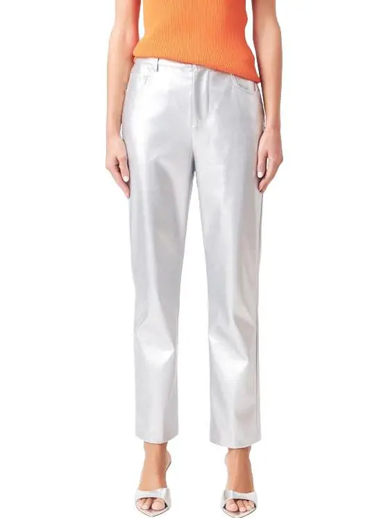 GREY LAB Shiny Faux Leather Straight Leg Pants - Silver