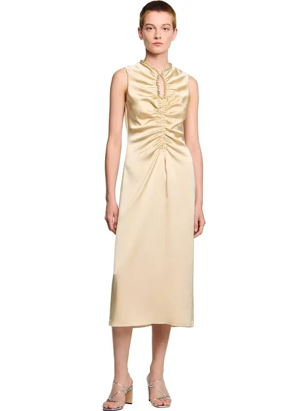 Sandro Satin-effect Midi Dress With Rhinestones - Sand