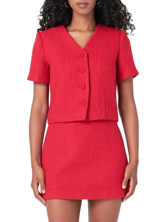 Endless Rose Button-front Tweed Crop Top - Red