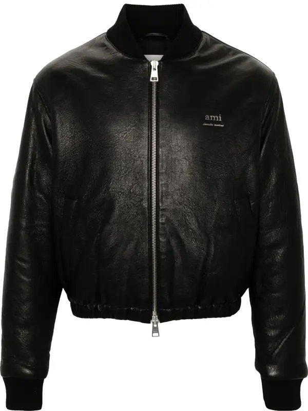 Ami Logo-plaque Leather Jacket - Black