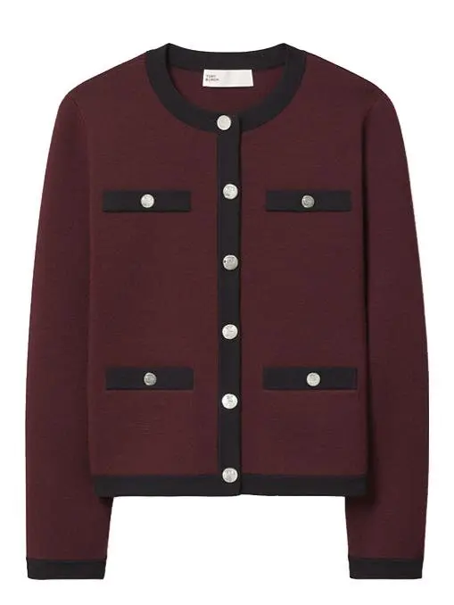 Tory Burch Kendra Chunky Wool Trim Cardigan - Merlot/black