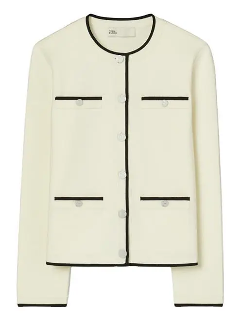Tory Burch Kendra Chunky Wool Trim Cardigan - New Ivory/black