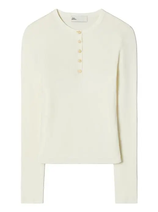 Tory Burch Ribbed Viscose Henley - New Ivory