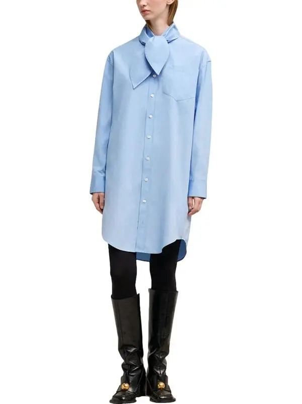 Ami Cotton Shirt Dress With Scarf Collar - Blue