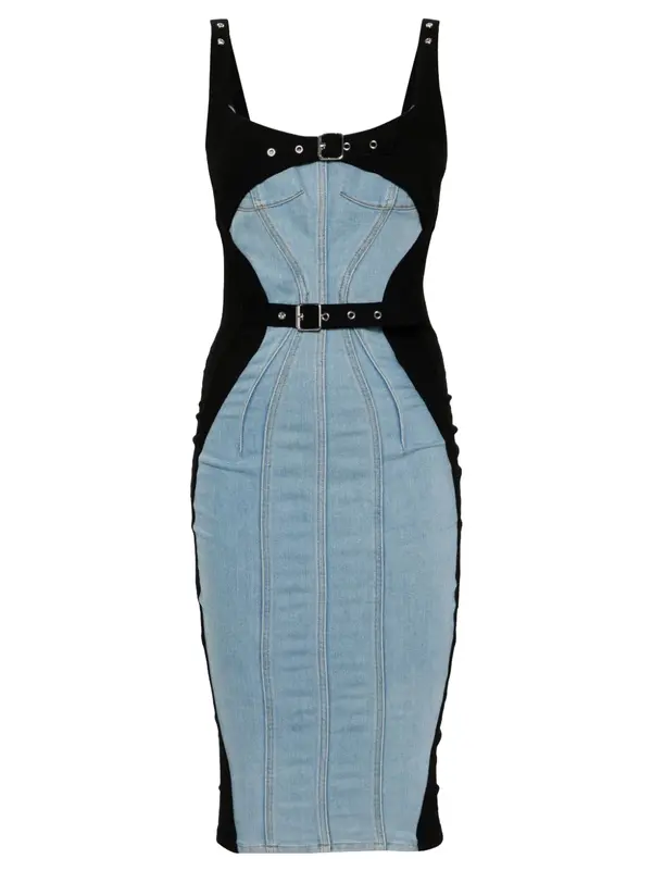 MUGLER Panelled Denim Midi Dress - Blue