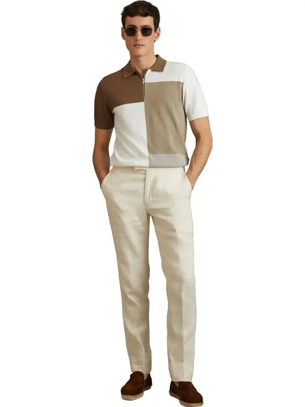 REISS Delta Colourblock Half-zip Polo Shirt - Camel Multi