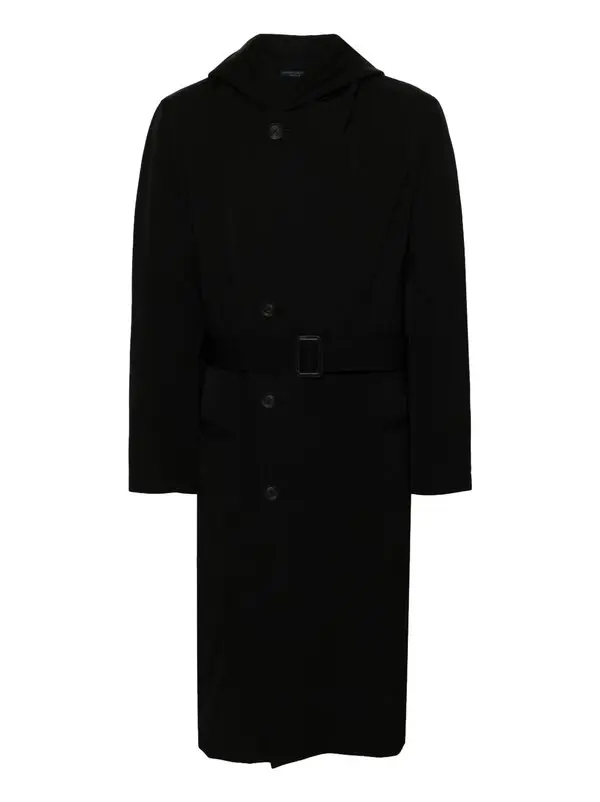 Yohji Yamamoto Wool Hooded Belted Coat - Black