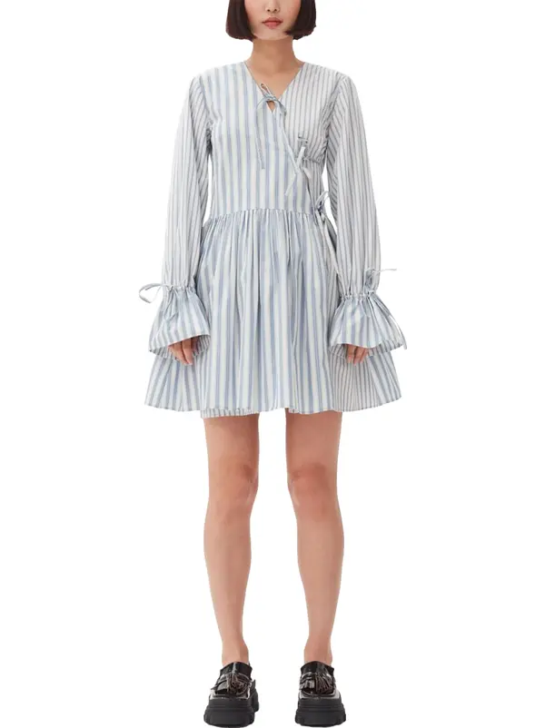 GANNI Stripe-print Mini Wrap Dress - Grey
