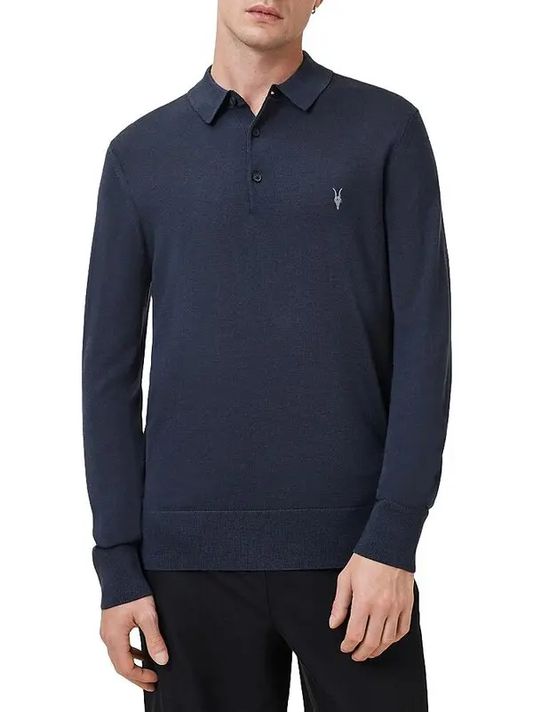 ALLSAINTS Mode Regular Fit Merino Wool Long Sleeve Polo Sweater - Navy Blue