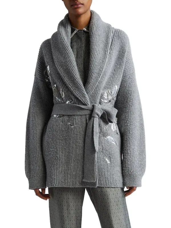Golden Goose Embellished Wool Belted Cardigan - Grey Melange