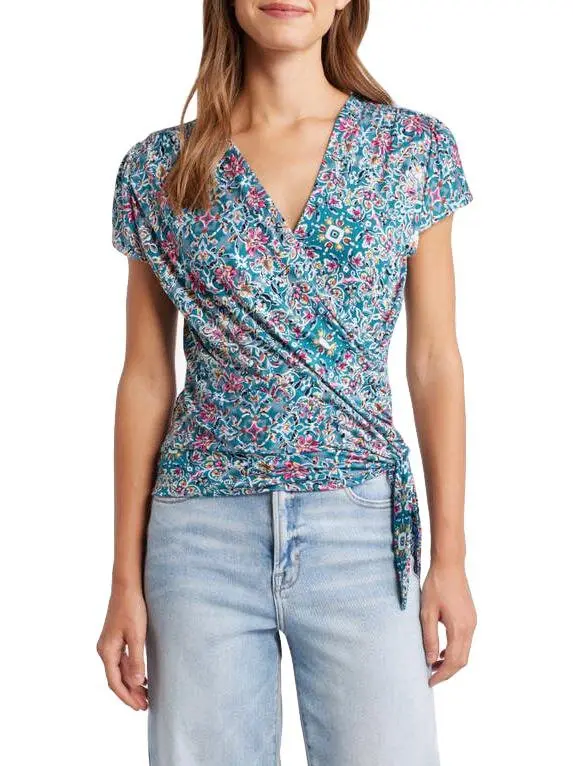 Loveappella Print Wrap Top - Teal Rose