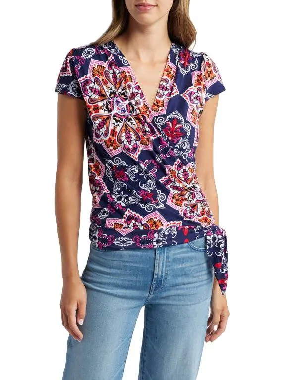 Loveappella Faux Wrap Top - Navy Hot Pink