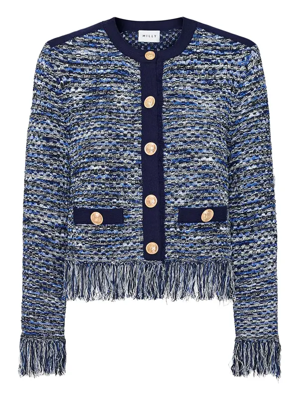 MILLY Kaia Textured Knit Cardigan Jacket - Navy