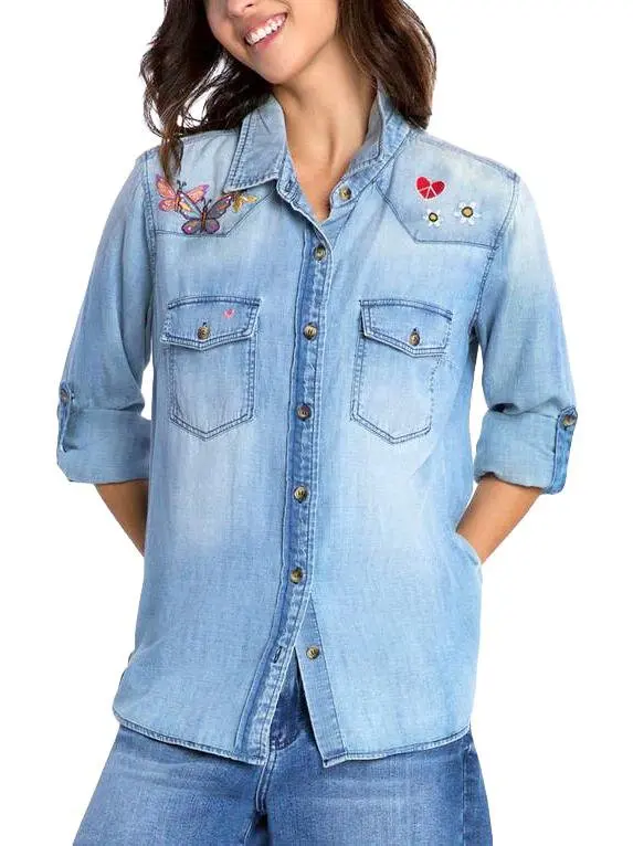 BILLY T Butterfly Kiss Embroidered Button-up Shirt - Denim