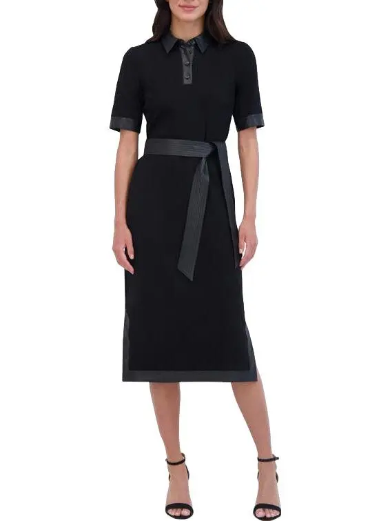 Eliza J Faux Leather Trim Tie Waist Midi Dress - Black
