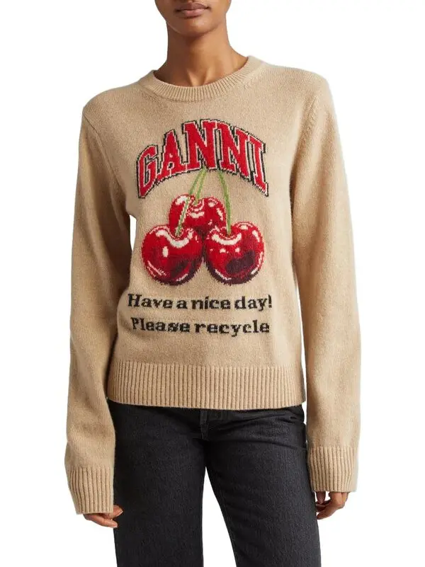 GANNI Intarsia Knit Wool Blend Sweater - Safari