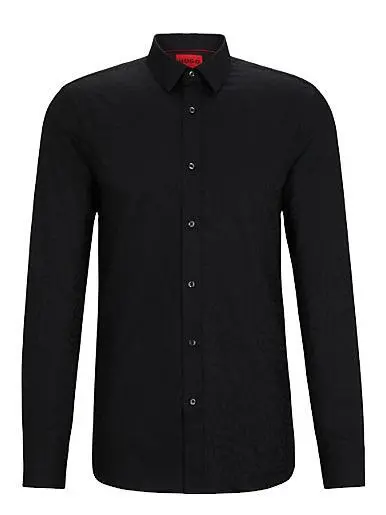Hugo Animal-print Slim-fit Cotton Shirt - Black