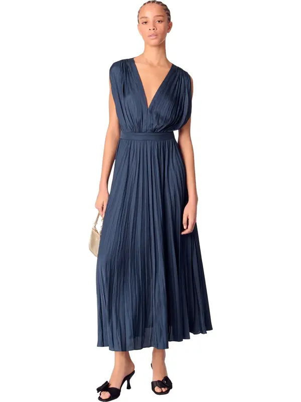 Maje Pleated Maxi Dress - Navy