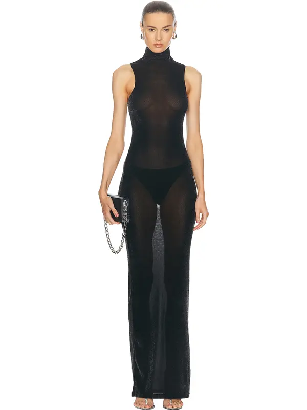 PRISCAVERA Velvet Mesh Turtleneck Maxi Dress - Obsidian