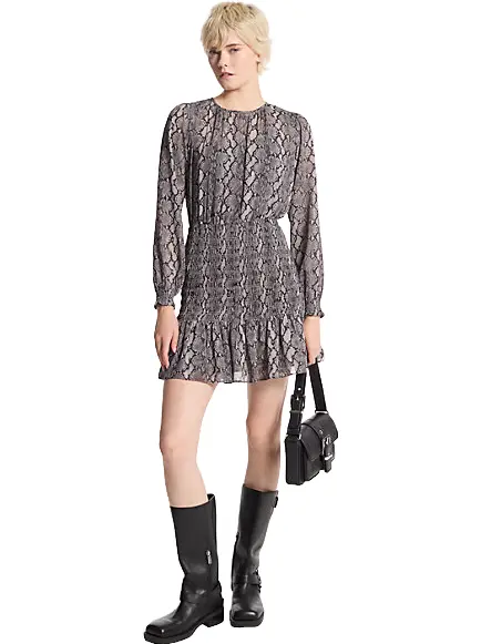 Michael Kors Snake Print Georgette Smocked Dress - Black