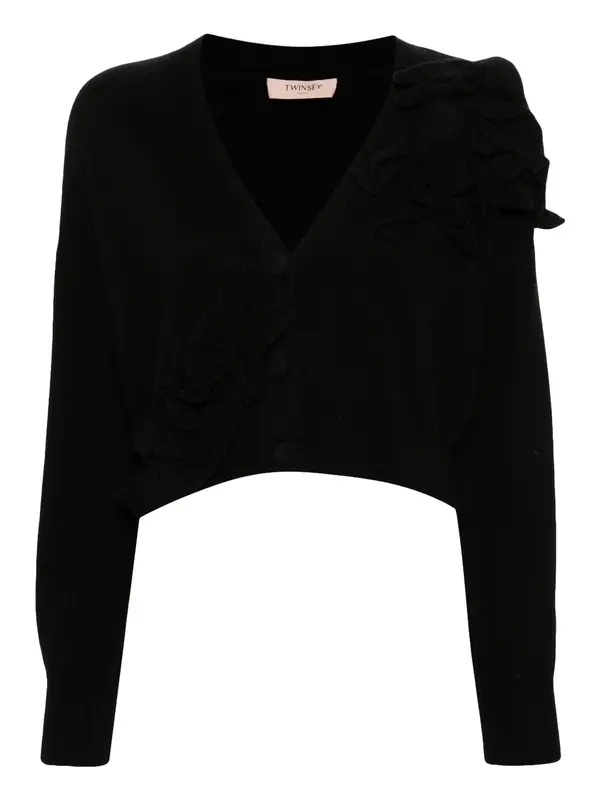 TWINSET Floral-appliqué Cropped Cardigan - Black