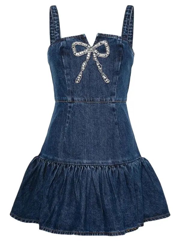 SELF-PORTRAIT Bow-detailed Denim Mini Dress - Blue