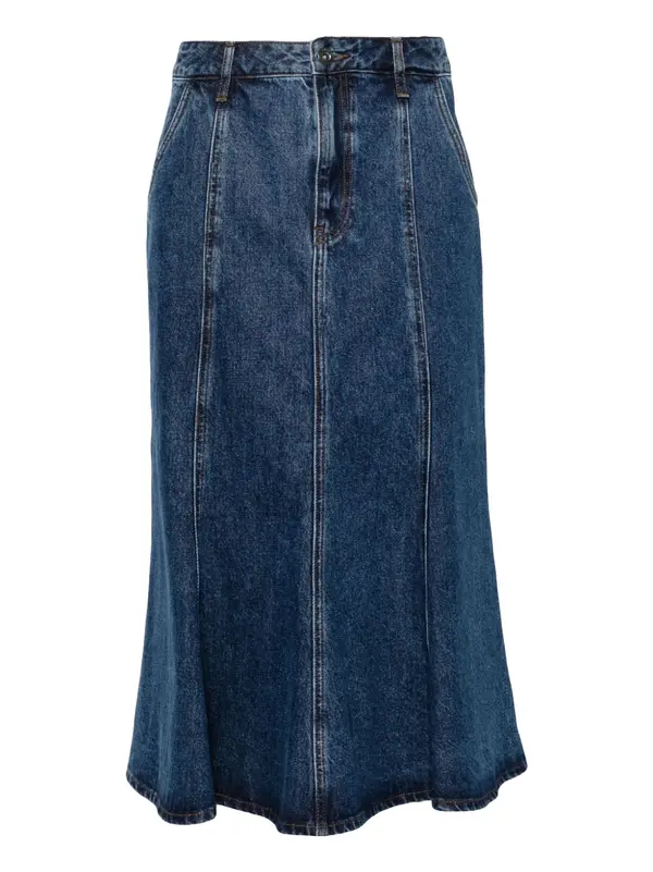 SELF-PORTRAIT Flared Denim Midi Skirt - Blue