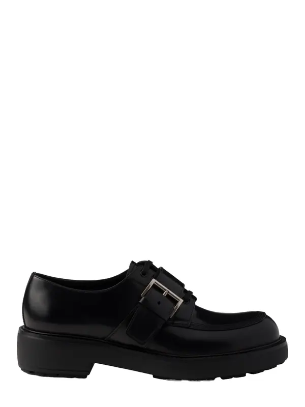 Prada Brushed Leather Buckled Derby Shoes - Black