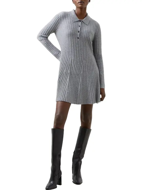 French Connection Vhari Long Sleeve Polo Sweater Minidress - Mid Grey Melange