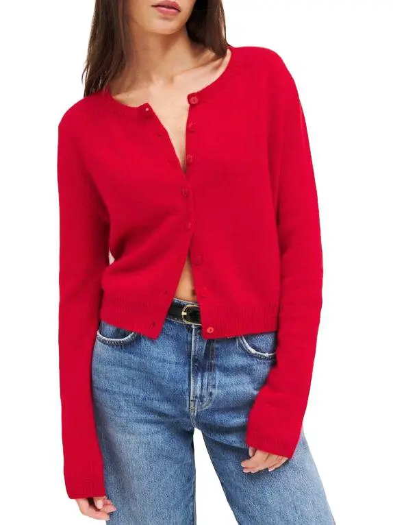 REFORMATION Clara Cashmere Crew Cardigan - Cherry
