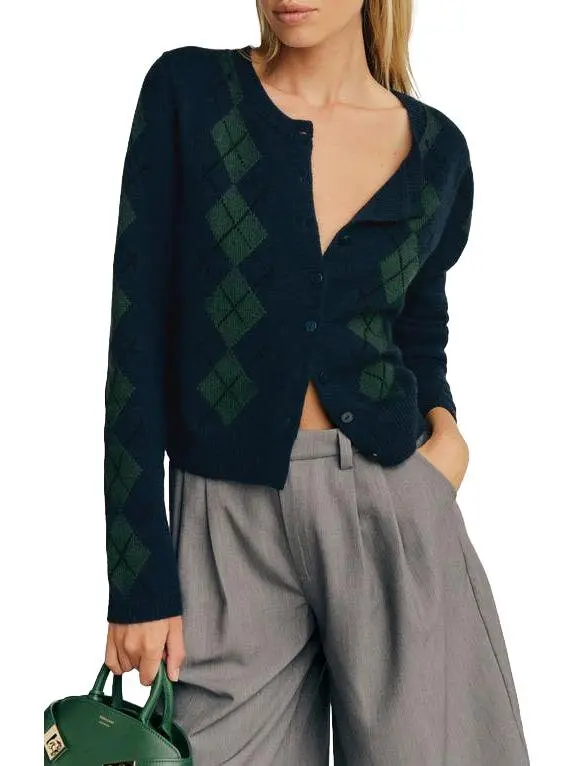 REFORMATION Clara Cashmere Crew Cardigan - Navy Multi Argyle