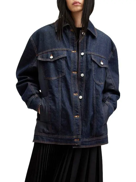 ALLSAINTS Dillan Mixed Media Trucker Jacket - Navy Blue